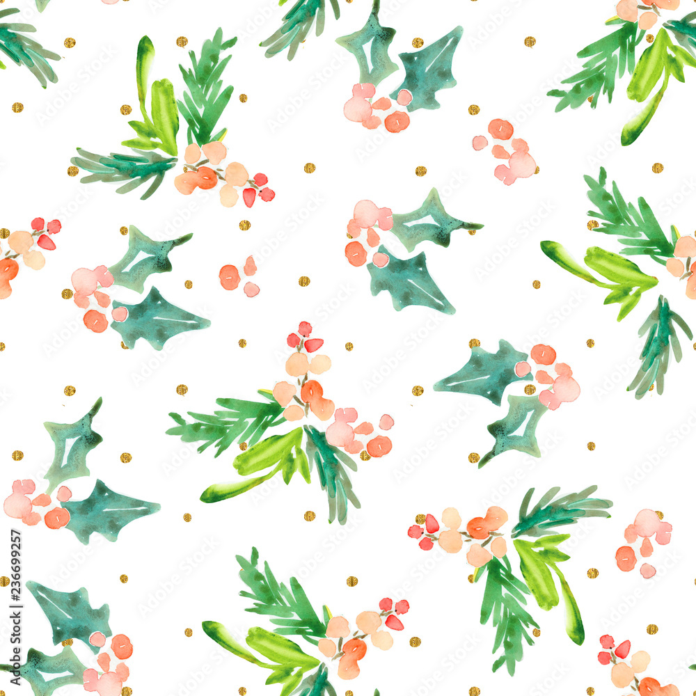 Watercolor Christmas Background with Holly Berries and Leaves Stock ...
