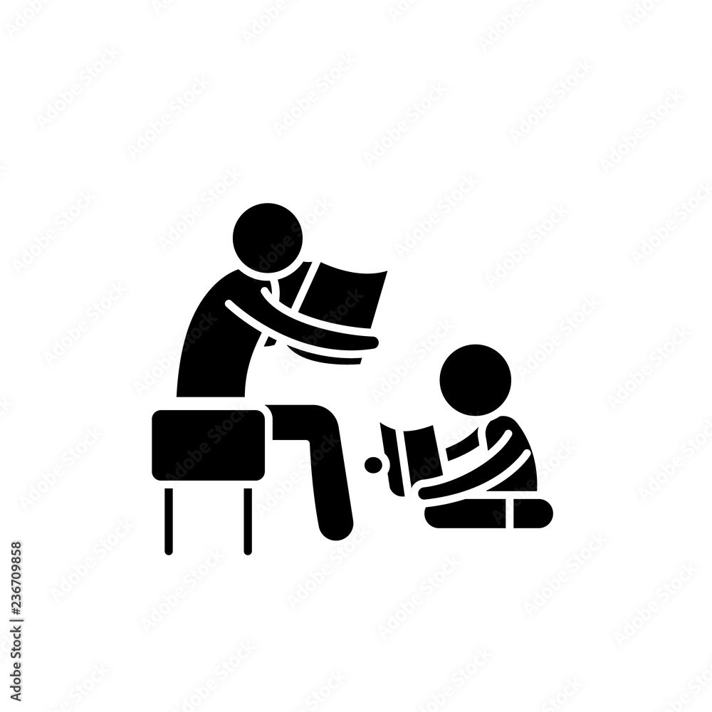 Parent reading a story to a child black icon, concept vector sign on ...