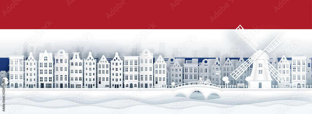 Poster The Netherlands flag and famous landmarks in paper cut style ...