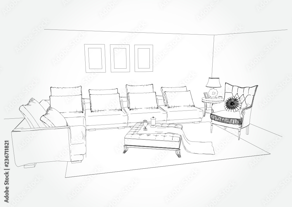 Linear sketch of an interior. Living room plan. Sketch Line sofa set ...