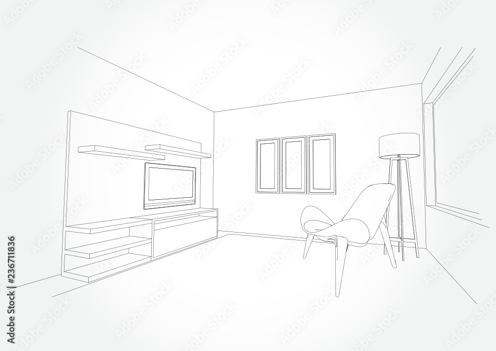 Linear sketch of an interior. Living room plan. Sketch Line sofa set ...