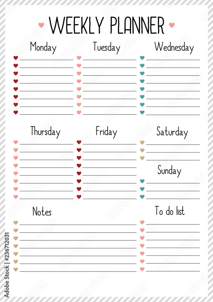 Weekly planner for for diary, notebook. Printable A4 planner vector ...