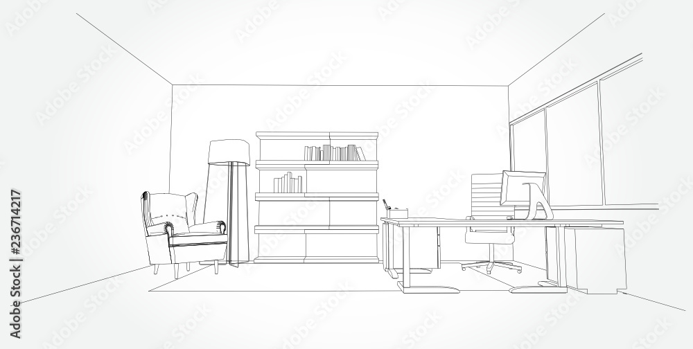interior outline sketch drawing perspective of a space office ...