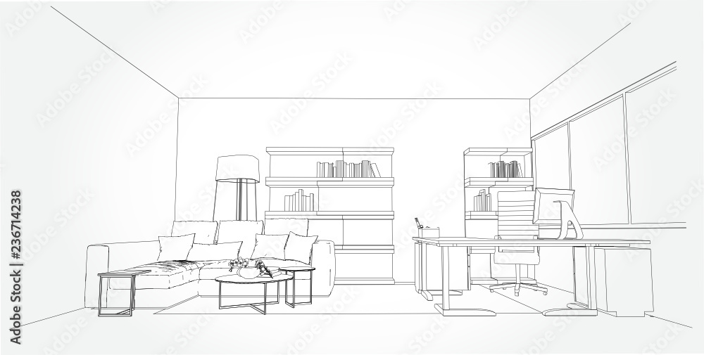 interior outline sketch drawing perspective of a space office ...