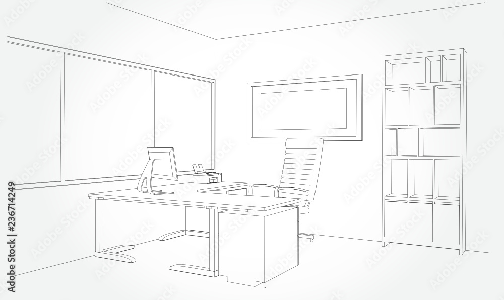 interior outline sketch drawing perspective of a space office ...