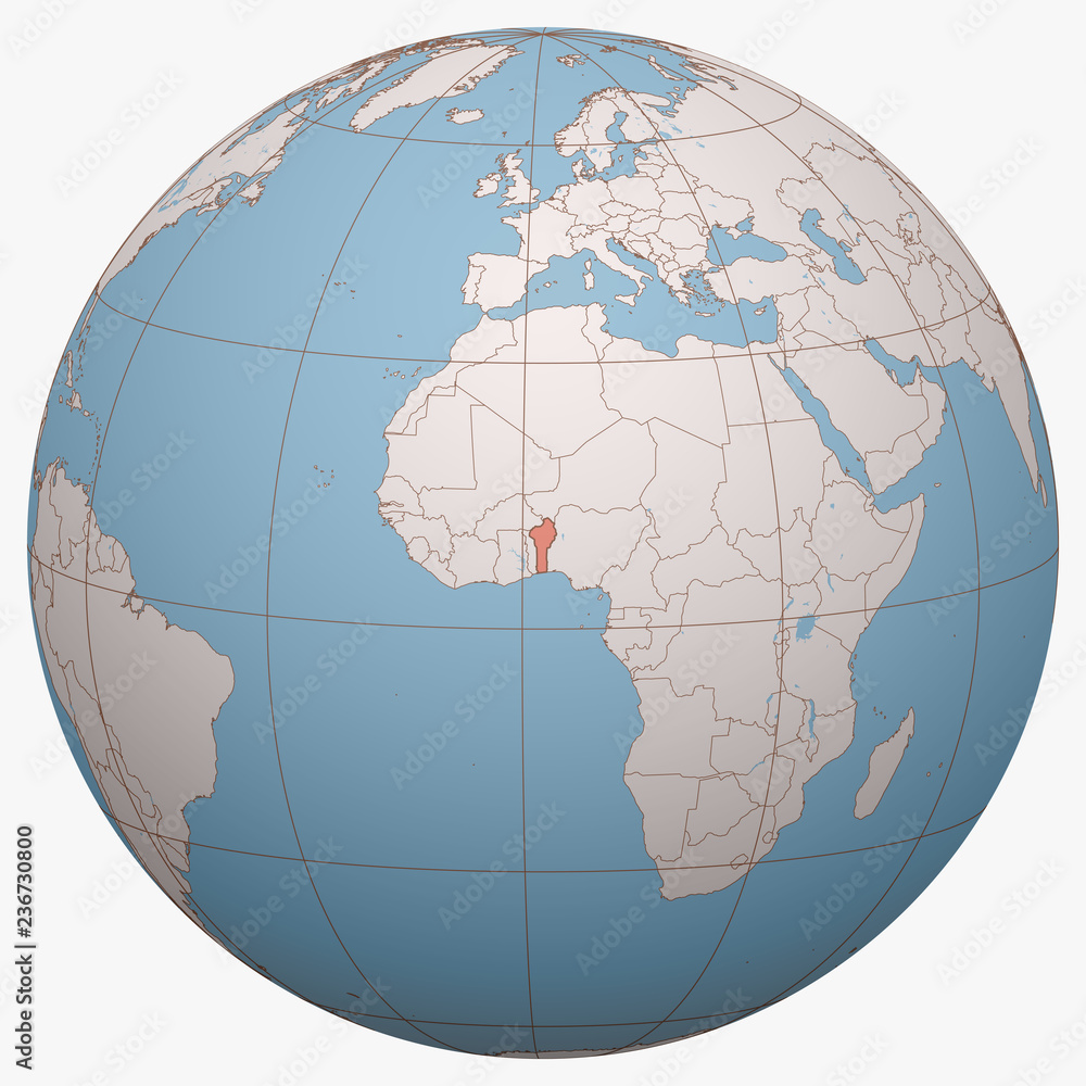 Benin on the globe. Earth hemisphere centered at the location of the ...