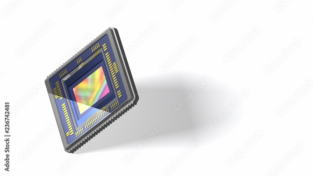 Smartphone camera sensor isolated on white, wide 16x9 format, space for ...