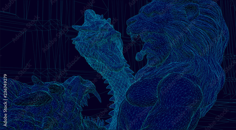 wire frame illustration of an ancient warrior fighting a monster inside ...