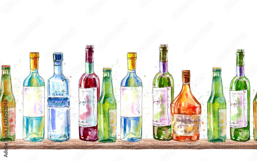 Seamless border of a champagne,vodka, cognac, wine, beer and glass ...