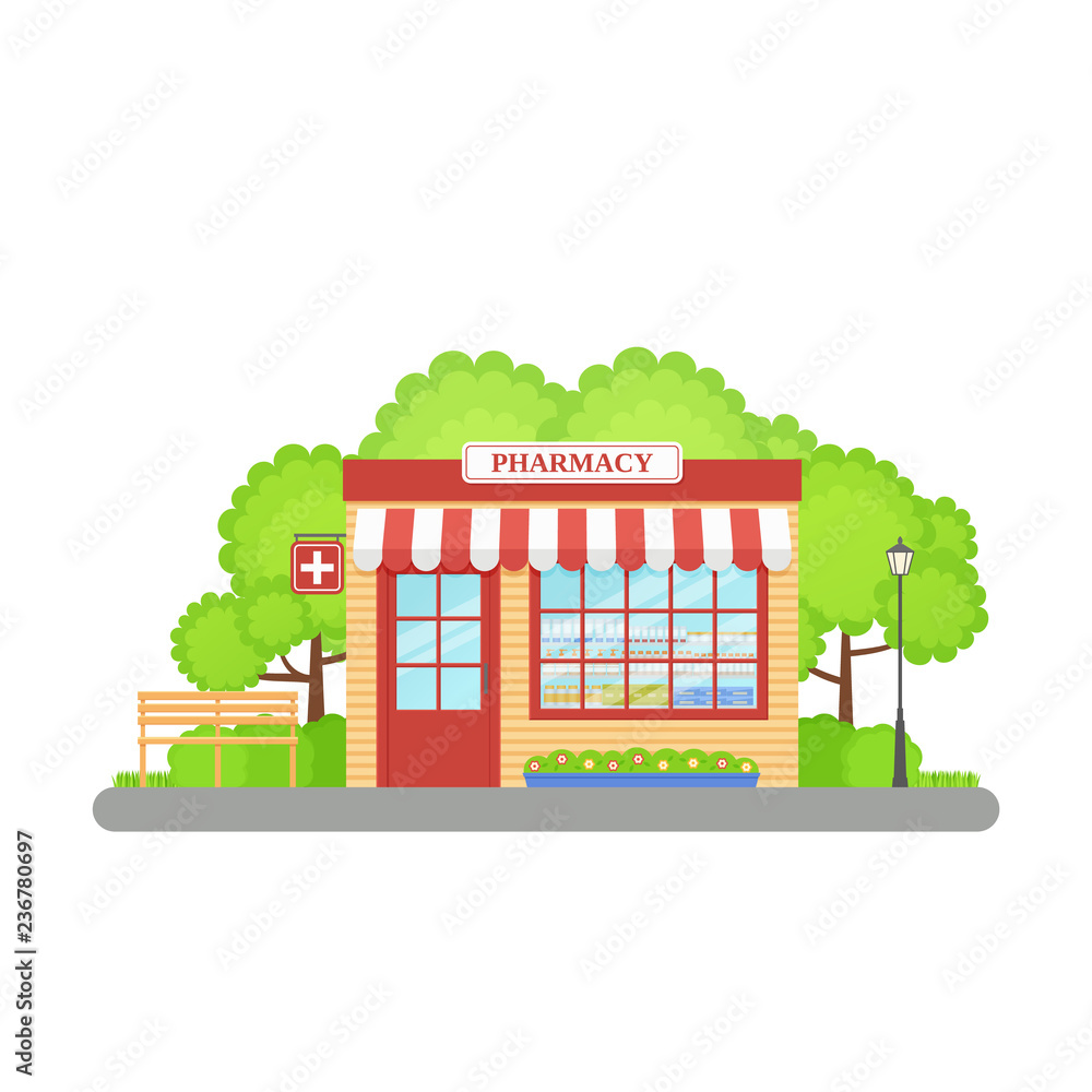Pharmacy store front. Vector. Drugstore, building shop. Facade ...