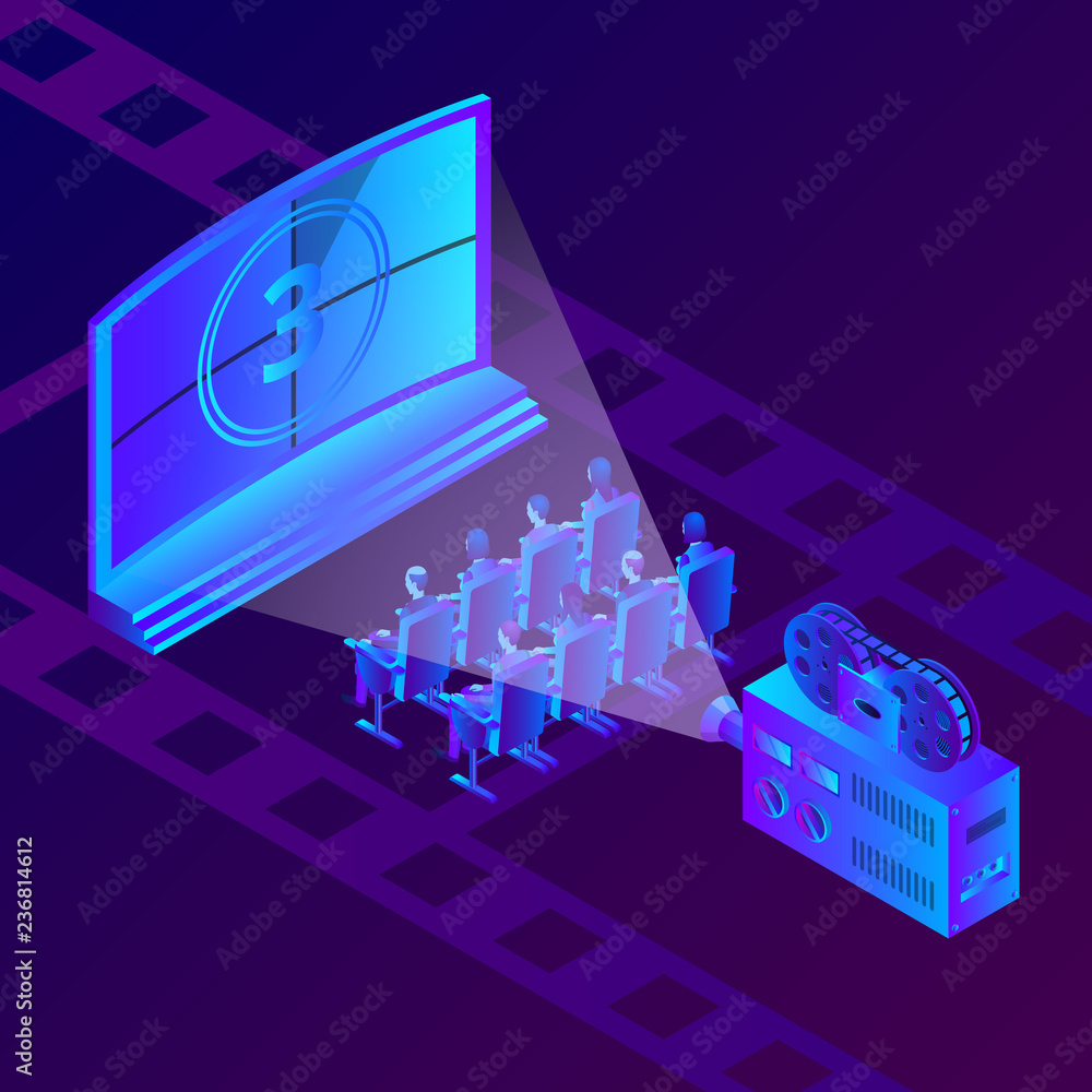 People in cinema watching movie. Vector isometric neon gradients ...