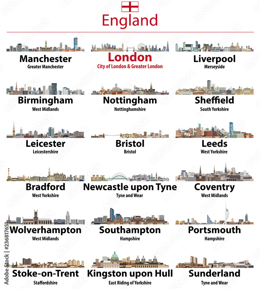 England largest cities skylines. Vector collection Stock Vector | Adobe ...