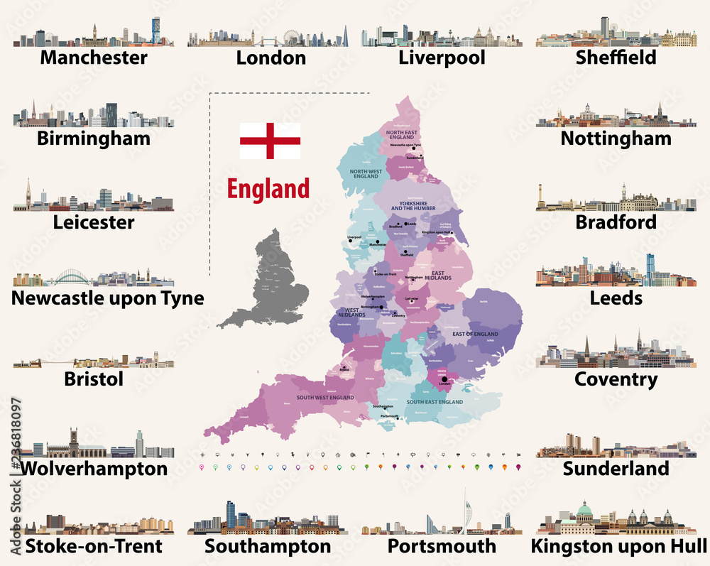 England cities skylines vector collection. Map and flag of England ...