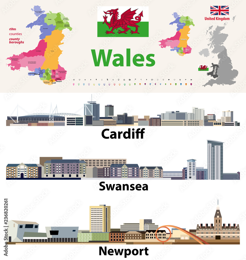 Wales cities, countries and country boroughs map and Welsh largest ...