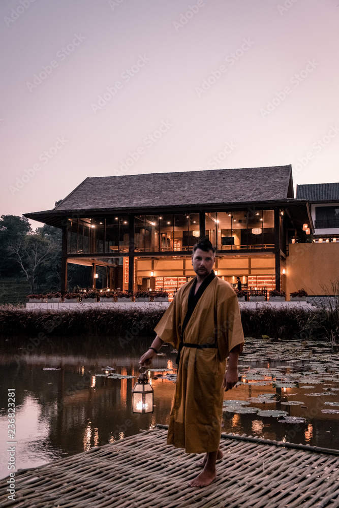 young man at Onsen bath Spa, natural pool ,Onse wooden bath tub,Woman ...