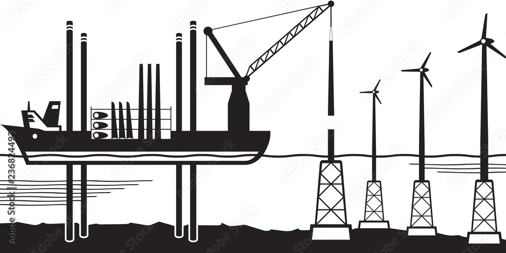 Installation vessel build wind farm in the sea - vector illustration ...