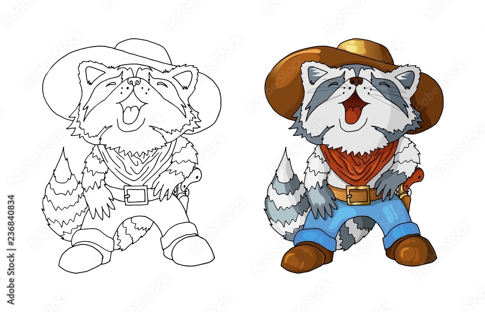 Single cartoon character american cowboy laughing raccoon isolated ...