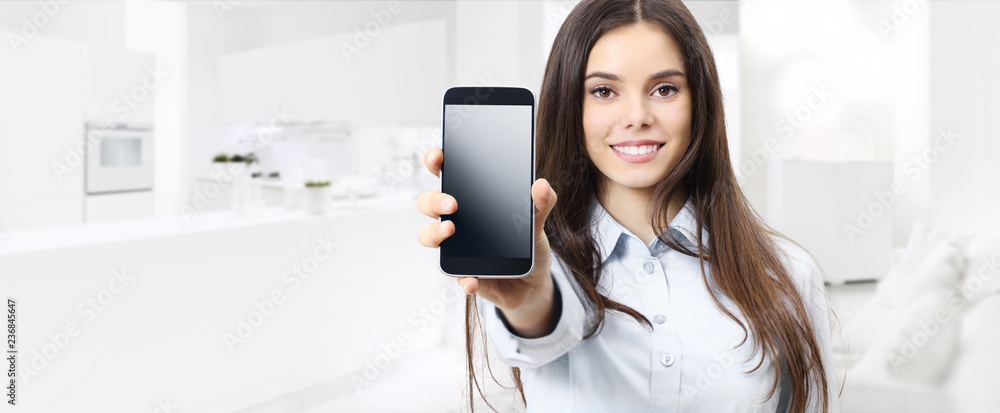 smart home control concept smiling woman showing cell phone screen on ...