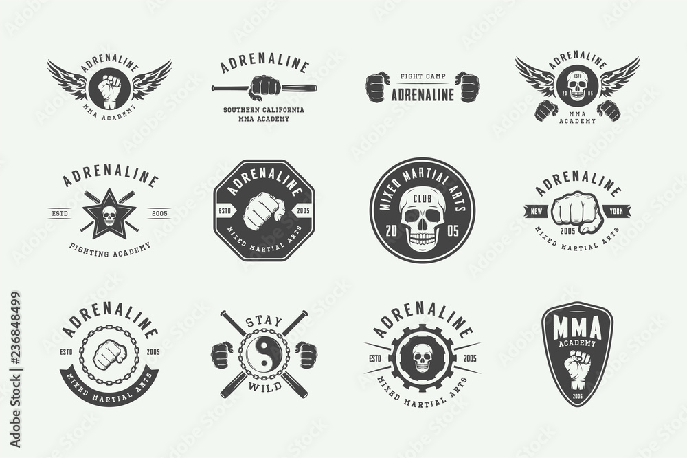 Set of vintage mixed martial arts or fighting club logos, emblems ...