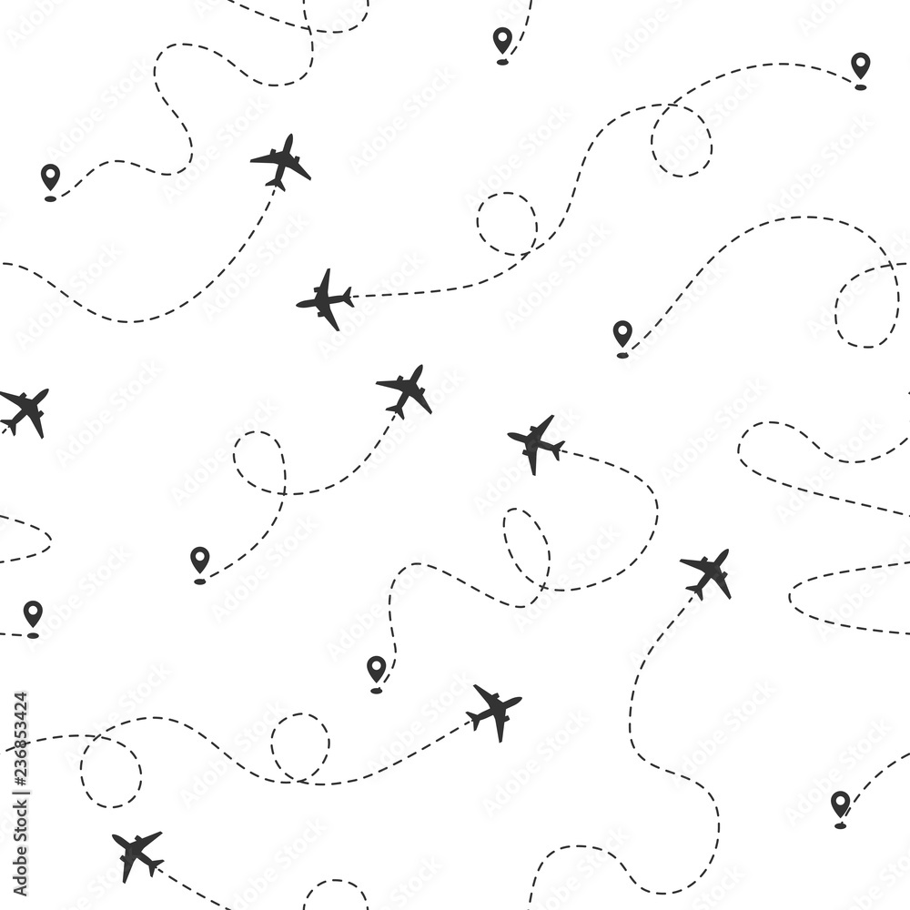Airplane dotted flight line seamless pattern. Plane flying path. Travel ...