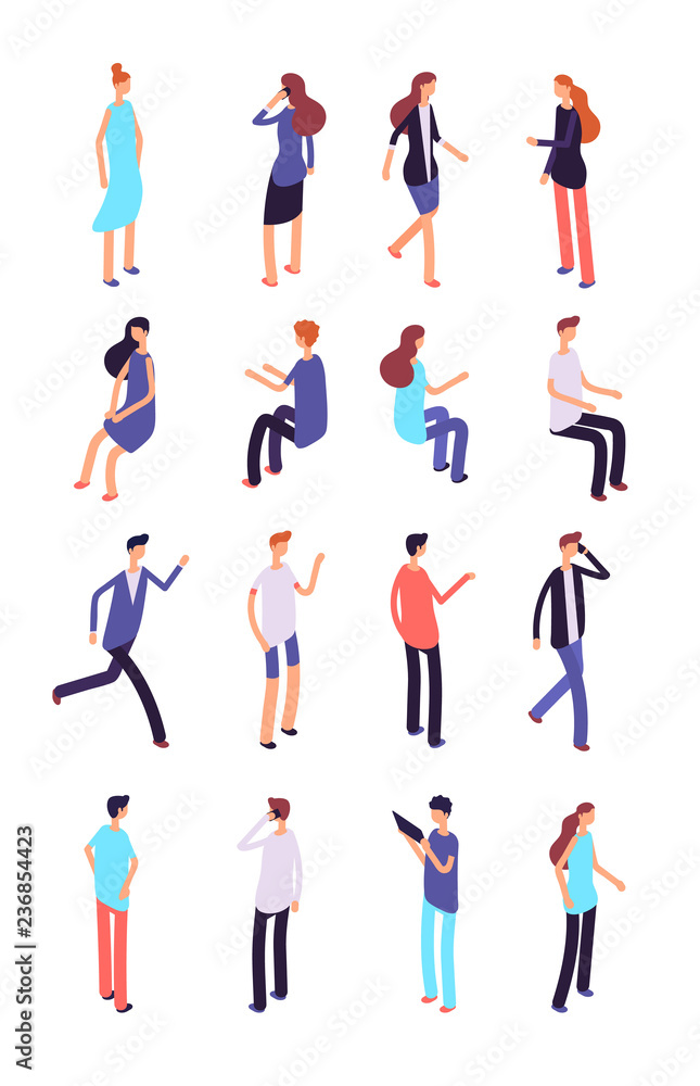 Vecteur Stock Isometric people. Cartoon sitting and standing persons ...