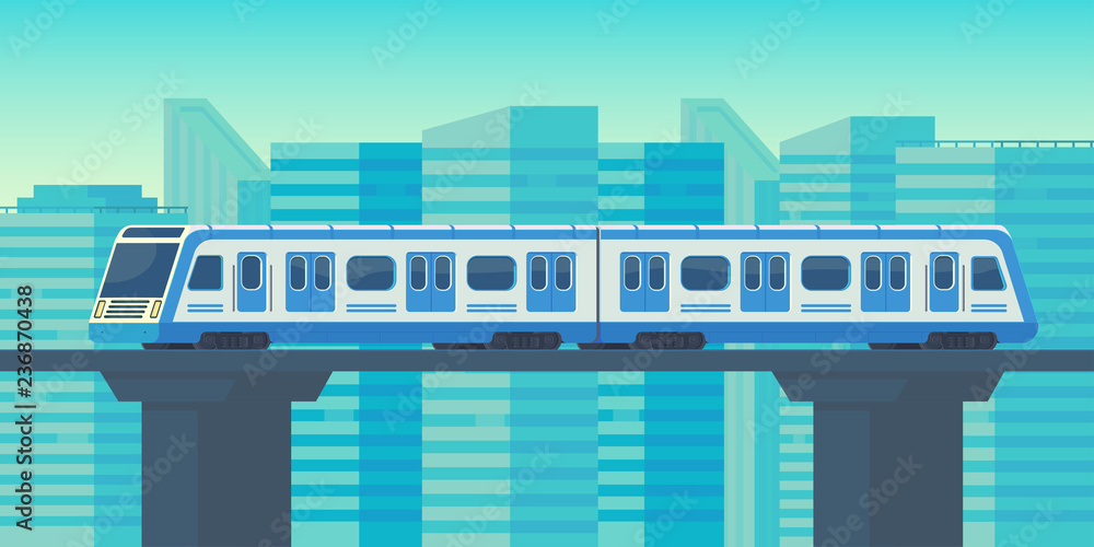 Sky train moving to station in city. Mass rapid transit system. Vector ...