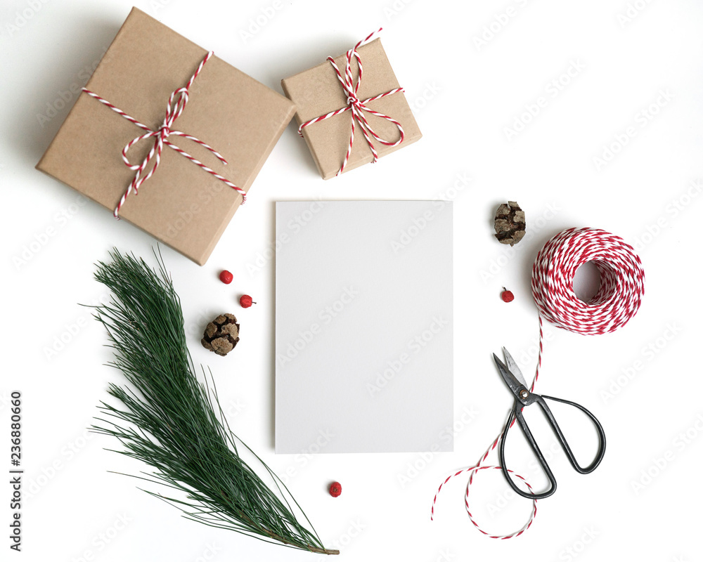 Christmas card mockup. New year craft flat lay, top view, copy space ...