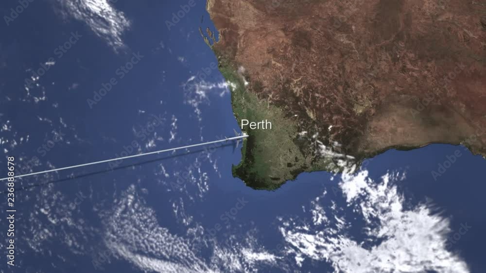 Airliner flying to Perth, Australia from west. 3D animation Stock Video ...