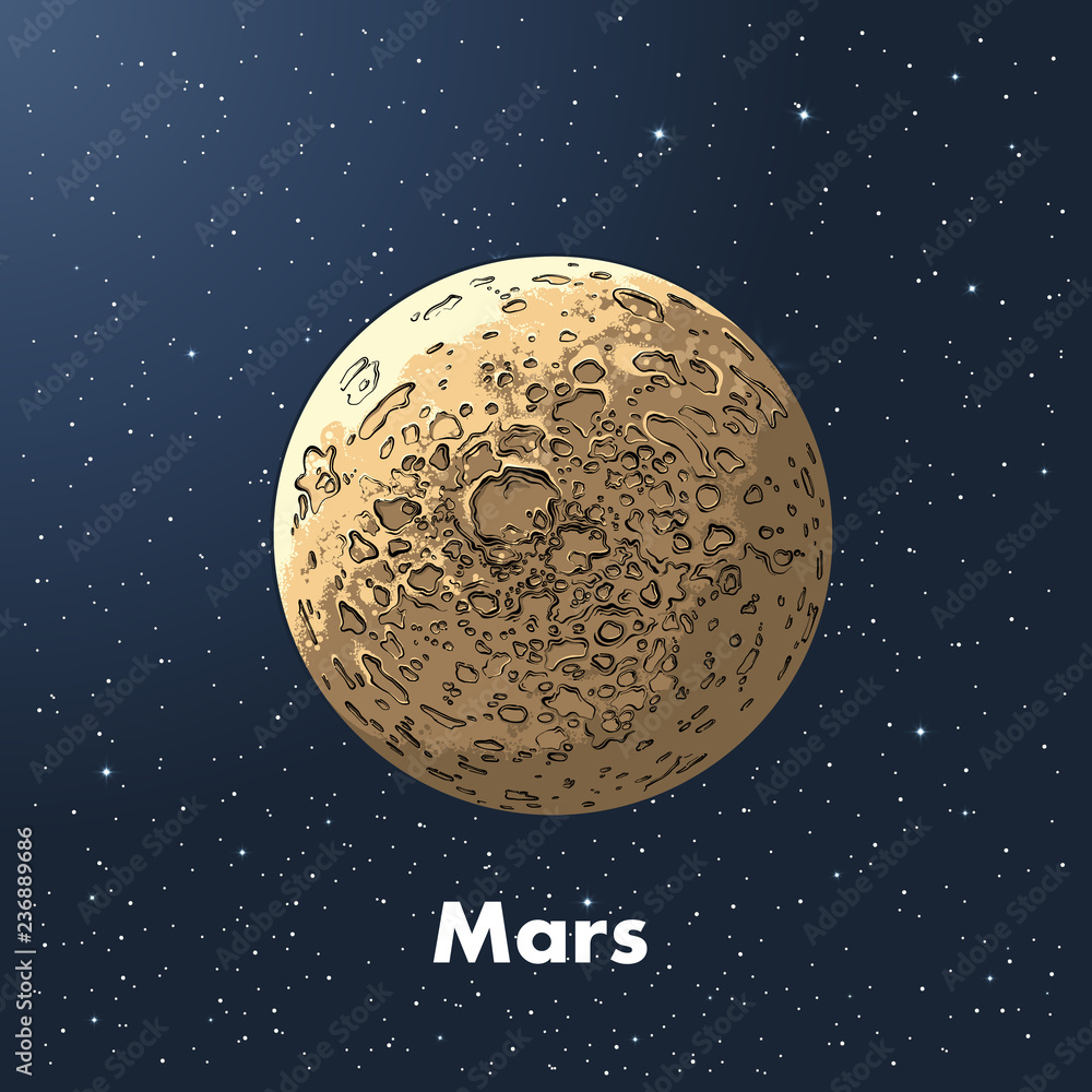 Hand drawn sketch of planet mars in color, against a background of ...