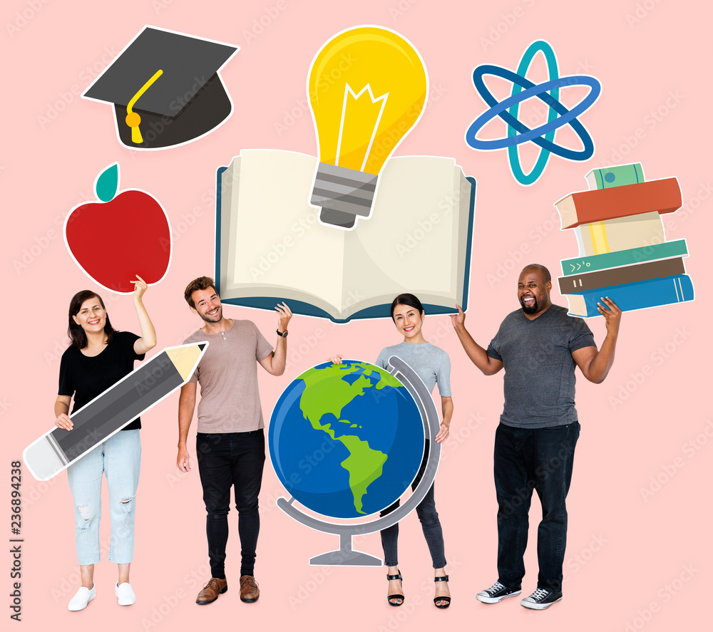 Diverse people holding education concept icons Stock Photo | Adobe Stock