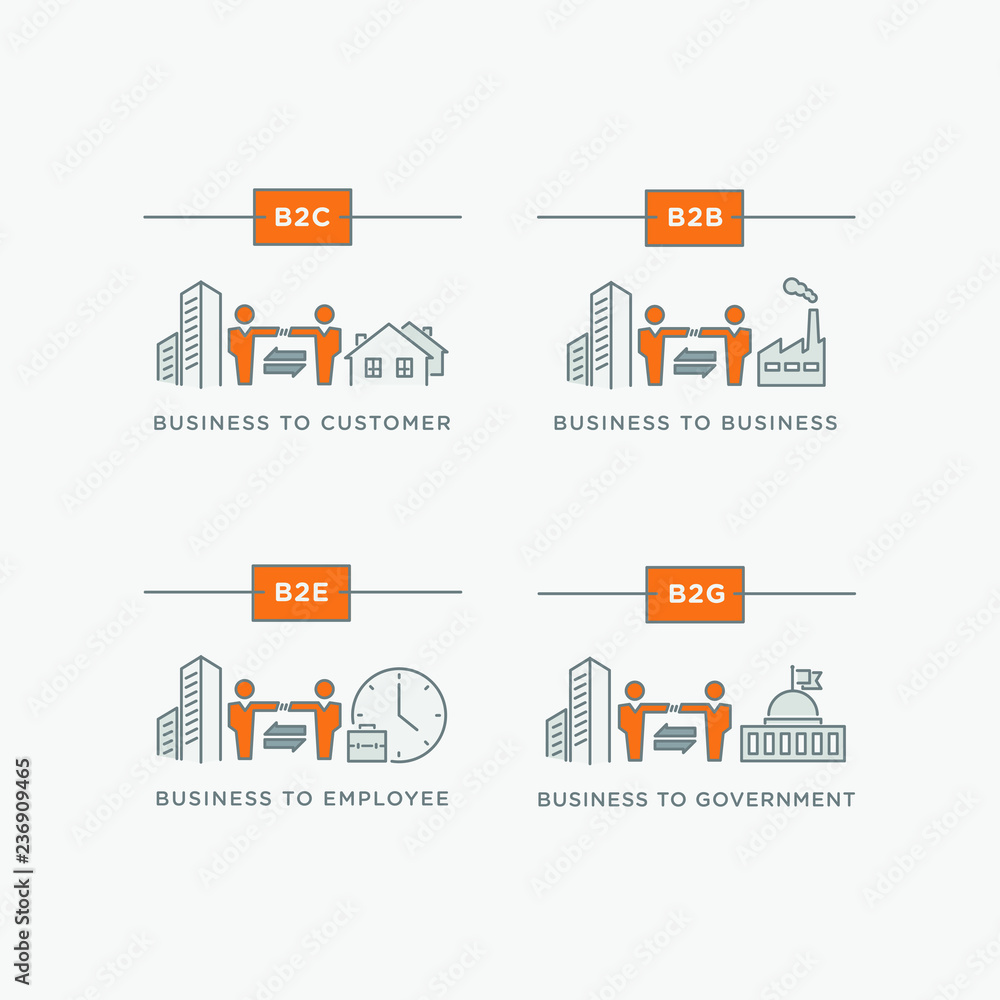 Business relations icon set. B2B, B2C, B2E & B2G - business to business, business to customer ...