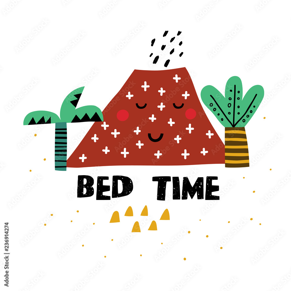 Cute sleeping volcano with exotic palm trees. Illustration vector for ...