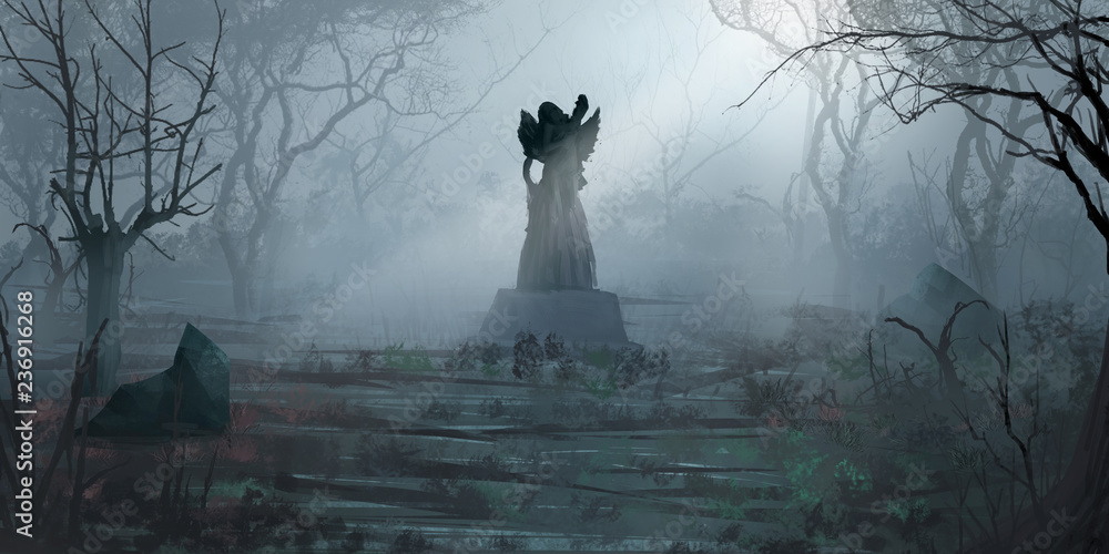 Forest Statues. Fiction Backdrop. Concept Art. Realistic Illustration ...