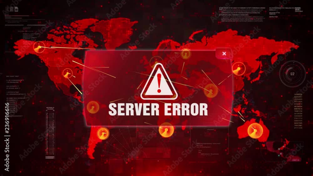 Server Error Alert Warning Message Attack on World map. Wire frame Radar Network Seamless loop ...