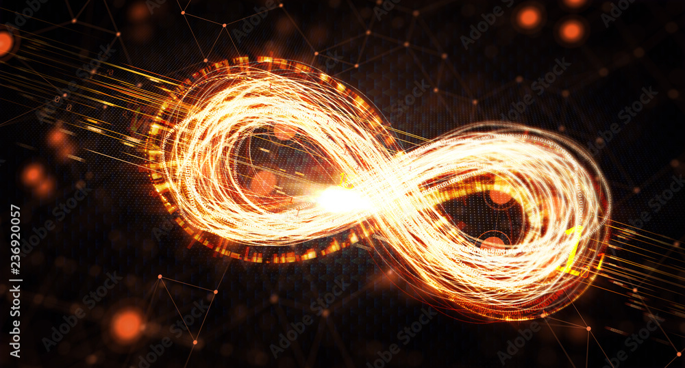 Infinity symbol of glowing lines. Mobius strip of luminous zeros and ...
