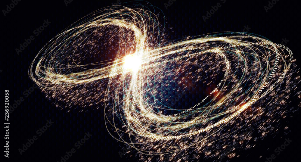 Infinity symbol of glowing lines. Mobius strip of luminous zeros and ...