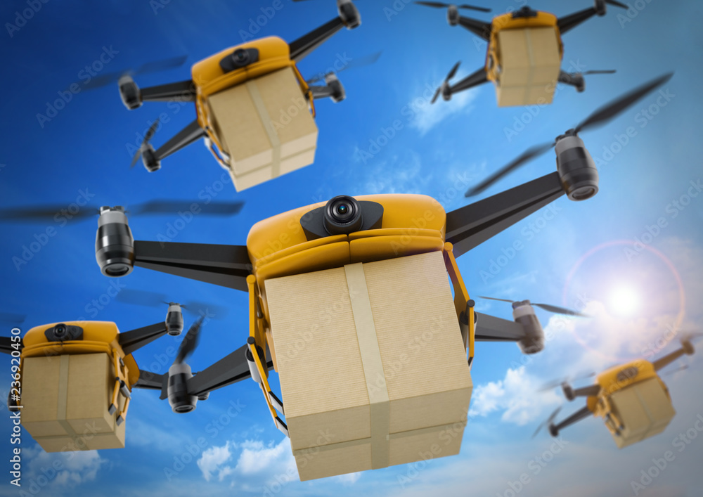 Unmanned drone carrying cargo box. 3D illustration Stock Illustration ...