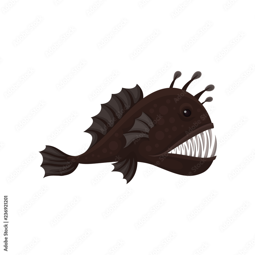 Flat vector icon of fangtooth fish, side view. Deep sea creature with ...