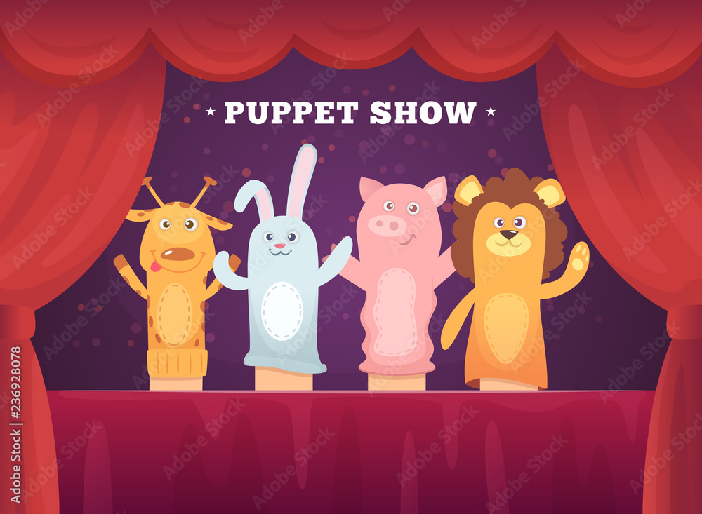 Puppet show. Red curtains theatre performance for kids stage with socks ...