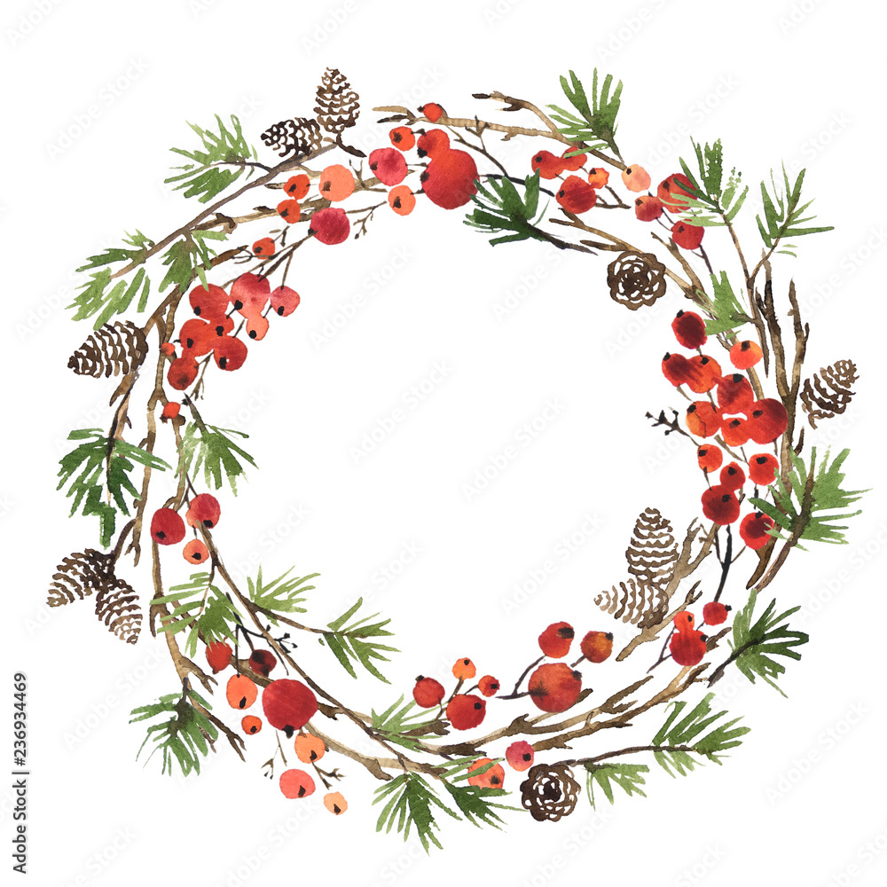 Watercolor Christmas wreath of fir tree branches, pine cones and holly ...