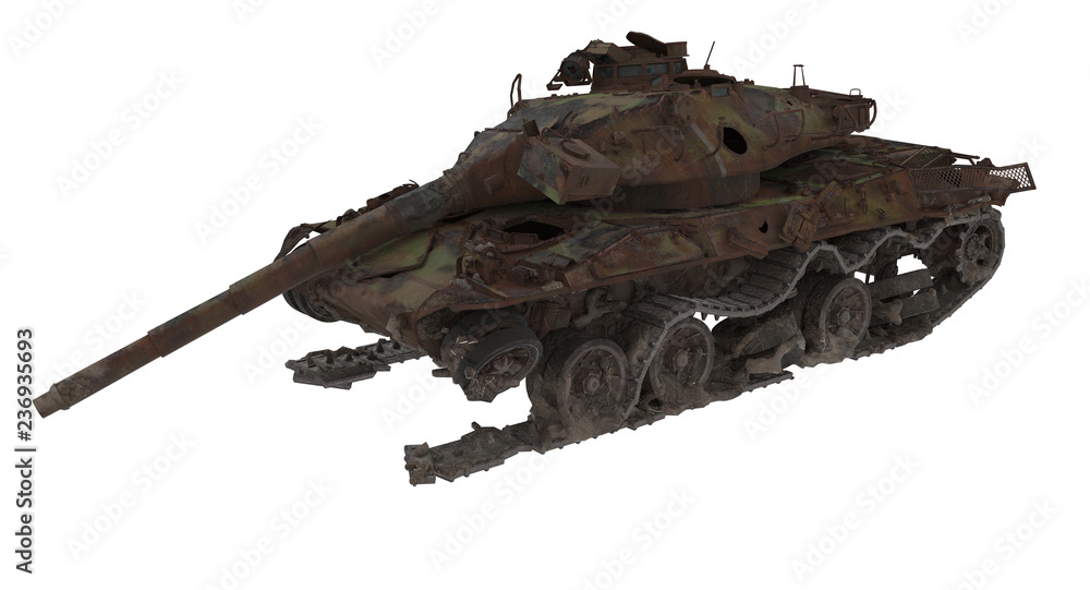 damaged rusty battle tank on an isolated white background. 3d ...