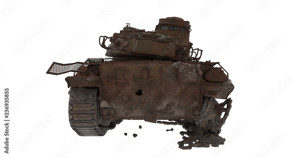 damaged rusty battle tank on an isolated white background. 3d ...