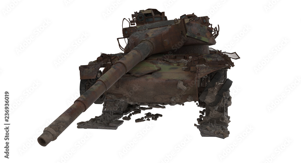 damaged rusty battle tank on an isolated white background. 3d ...