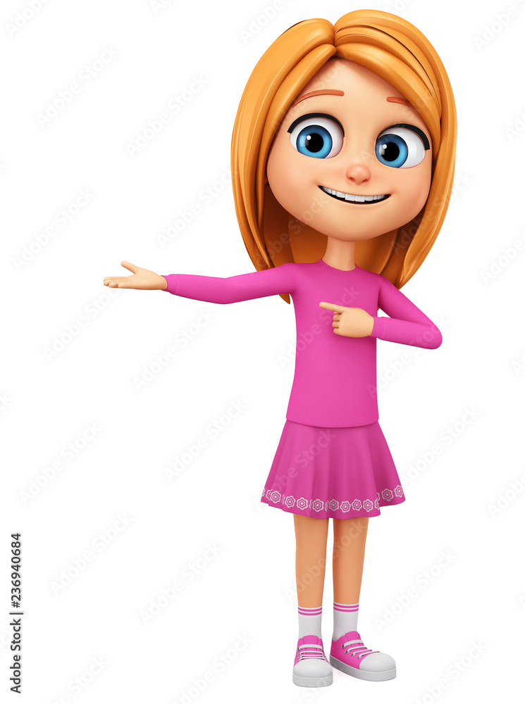 Character cartoon girl in pink clothes pointing her finger at an empty ...