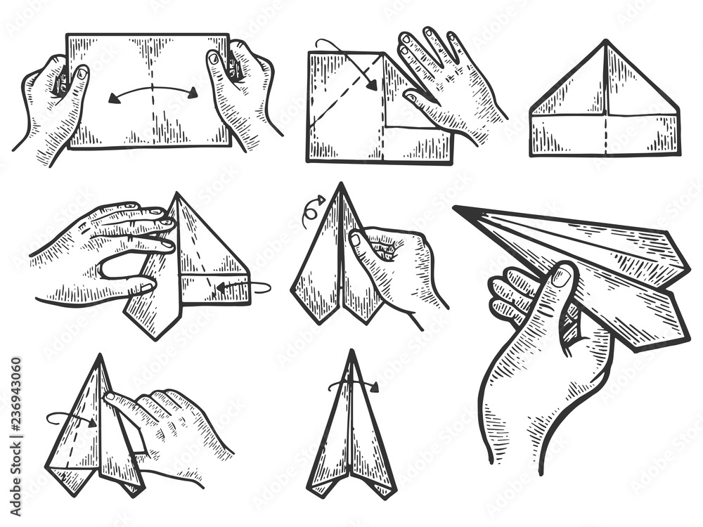 Paper airplane creation instructions engraving vector illustration ...