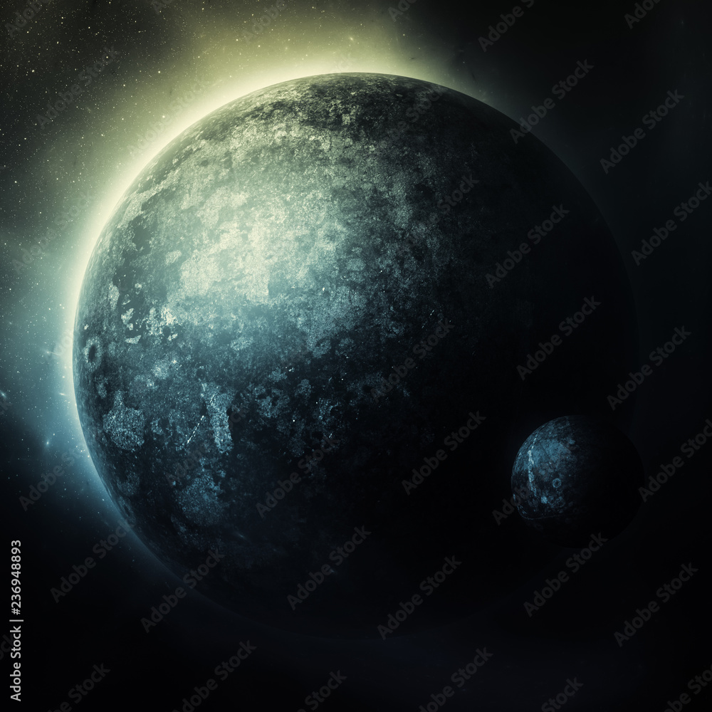 dark space background with planet, moon and stars Stock Illustration ...