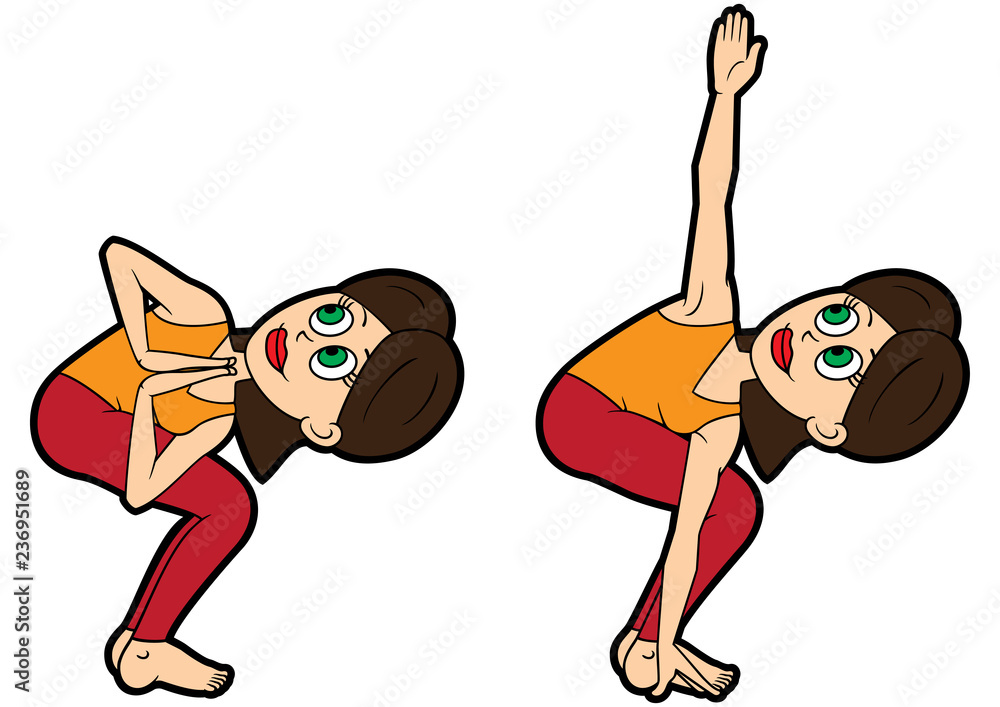 Vetor de Yoga asana set twisting chair pose/ Illustration cartoon girl ...