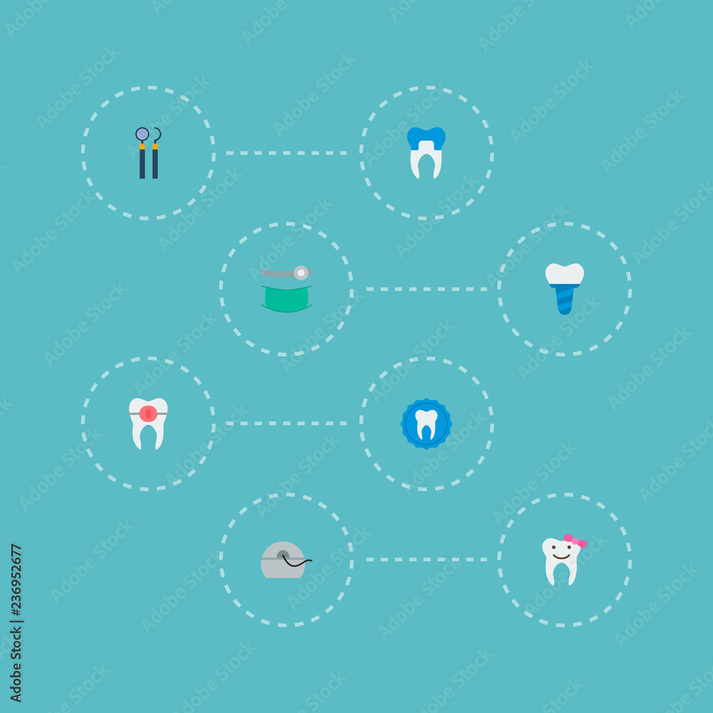 Set of dental icons flat style symbols with stamp, implant, alumina and ...