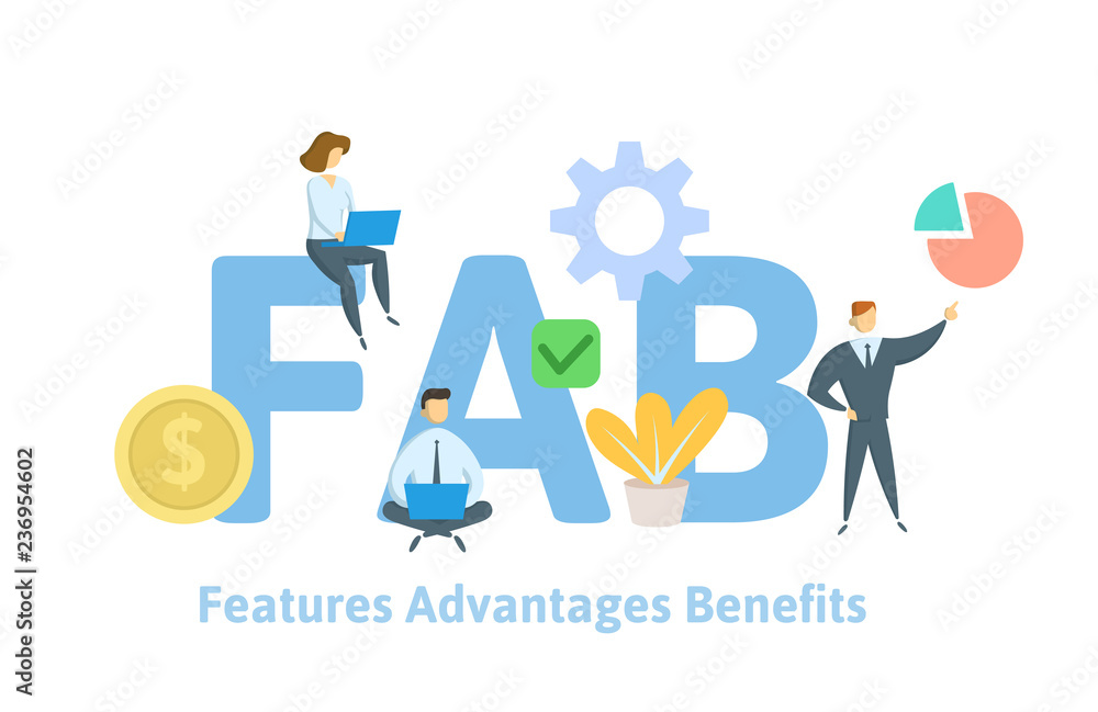 FAB, Features Advantages Benefits. Concept with keywords, letters and ...