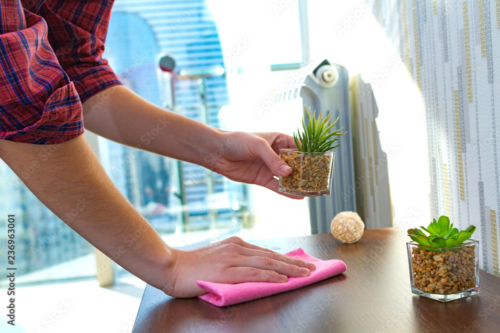 A housewife in a shirt is cleaning the house, wipes dust from the table ...